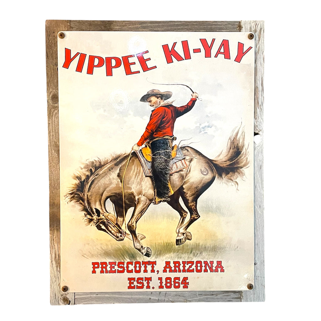 ‘Yipee Ki-Yay’ Bronc Rider Large Wood Framed Metal Sign – Drawnwest